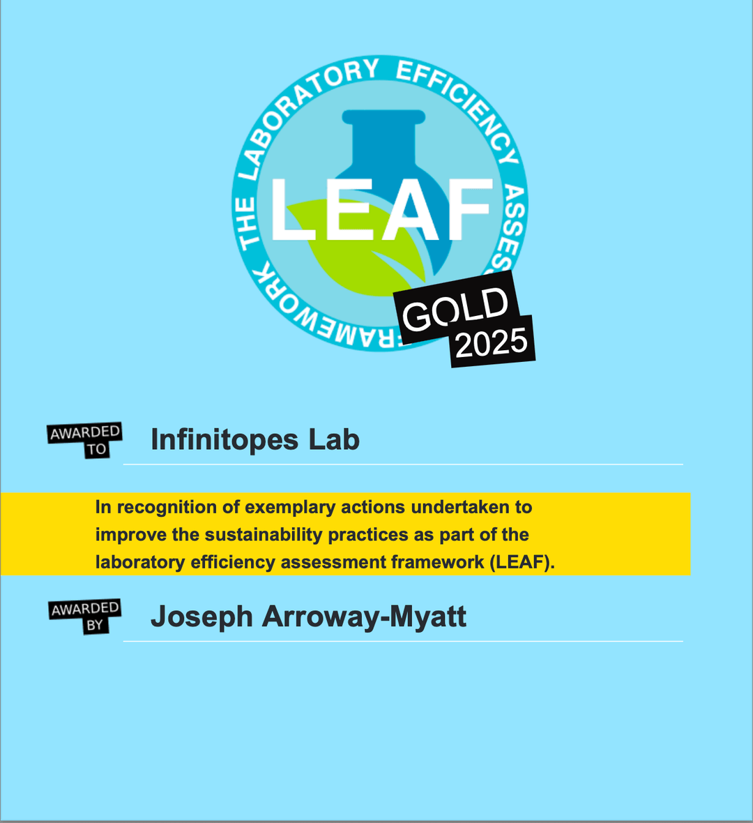 Infinitopes Achieves LEAF Gold Award for Sustainable Laboratory Practices
